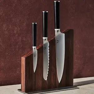 MATERIAL Set Of 3 Japanese High Carbon Stainless Steel Knives And Holder - Almost Black And Walnut