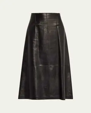 Lafayette 148 New York Leather A-line Midi Skirt - Black