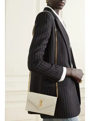 Saint Laurent Cassandre Matelassé Textured-leather Chain Wallet - Neutrals