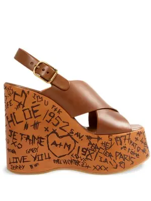 Chloé Maxime Leather Wedge Sandals - Brown