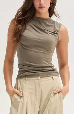CRESCENT Sleeveless Shirred Knit Top - Eucalyptus
