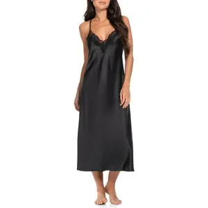 IN BLOOM BY JONQUIL Lace Trim Stretch Satin Nightgown - Black