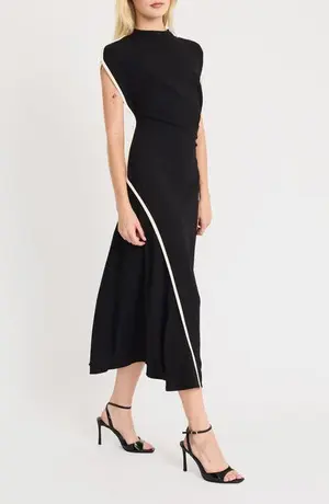 LUXELY Drape Contrast Trim Midi Dress