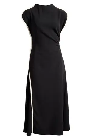LUXELY Drape Contrast Trim Midi Dress