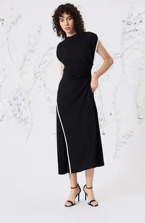 LUXELY Drape Contrast Trim Midi Dress