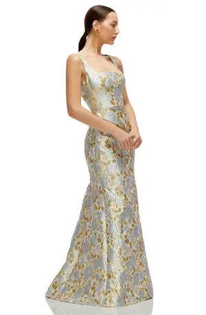 Dessy Collection Metallic Floral Brocade Trumpet Gown - Winter Mist