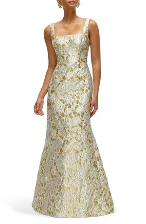 Dessy Collection Metallic Floral Brocade Trumpet Gown - Winter Mist