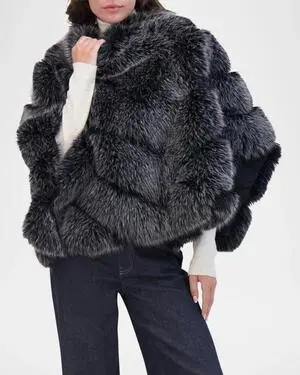 Theia Chevron Fox-like Faux Fur Cape - Black