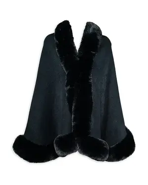 Surell Faux Fur Trim Poncho - Black