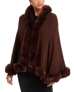 Surell Faux Fur Trim Poncho - Brown