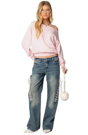 EDIKTED Oversized Off-the-shoulder Pullover Sweater - Light-pink