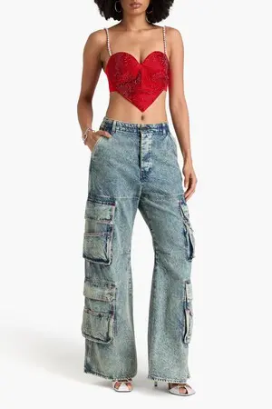 AREA Cropped Crystal-embellished Bustier Top