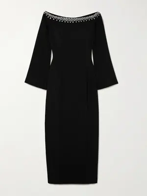 Jenny Packham Off-the-shoulder Embellished Cady Midi Dress - Black