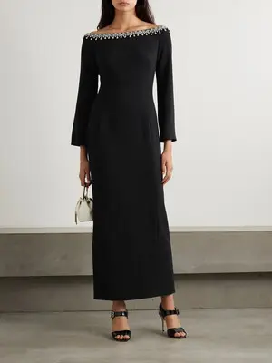 Jenny Packham Off-the-shoulder Embellished Cady Midi Dress - Black