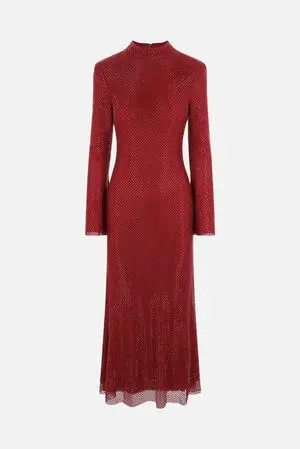 SELF-PORTRAIT Self-Portrait Rhinestone-Studded Fishnet Midi Dress - Red