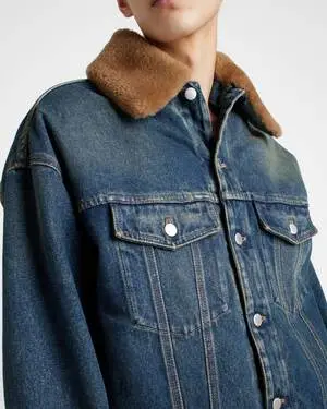 Prada Padded Denim Blouson Jacket With Shearling Collar - Navy