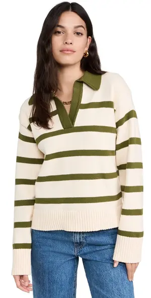 English Factory Striped Collared Sweater - Cream/olive
