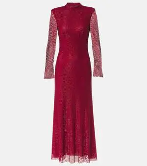 SELF-PORTRAIT Embellished Fishnet Midi Dress - Red