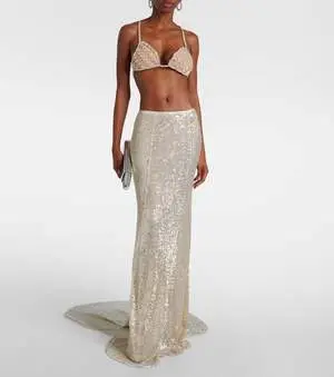 SELF-PORTRAIT Rhinestone-embellished Mesh Maxi Skirt