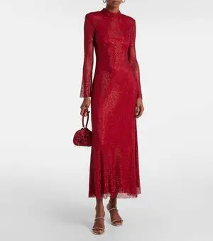 SELF-PORTRAIT Embellished Fishnet Midi Dress - Red