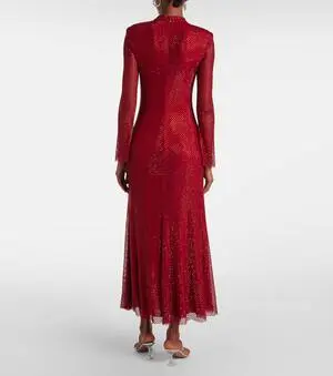 SELF-PORTRAIT Embellished Fishnet Midi Dress - Red