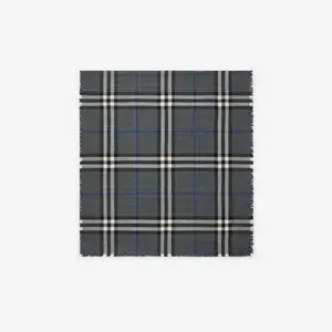 Burberry Wide Reversible Check Wool Silk Scarf Marlborough Grey/mast Blue