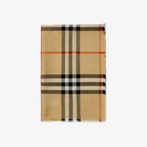 Burberry Wide Reversible Check Wool Silk Scarf Sand/lichen