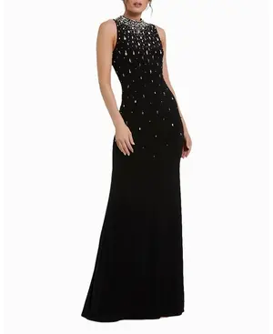 Mac Duggal High Neck Beaded Jersey Gown - Black
