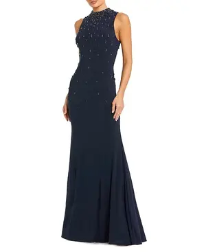 Mac Duggal High Neck Beaded Jersey Gown - Navy