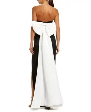 Mac Duggal Satin Strapless Bustier Gown With Bow