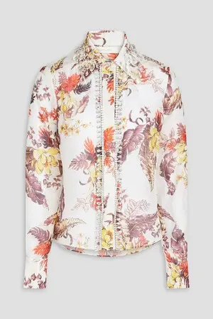 Zimmermann Embellished Floral-print Linen And Silk-blend Shirt - Ivory