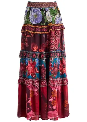 Farm Rio Floral-print Chiffon Maxi Skirt - Red