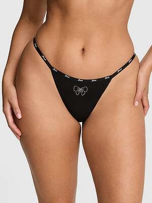 Pink Logo Mesh Strappy Micro Thong Panty Black