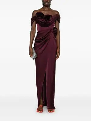 ANA RADU Floral-appliqué Draped Gown - Red