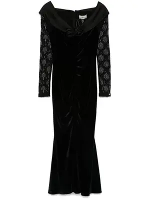NISSA Floral-appliqué Velvet Midi Dress