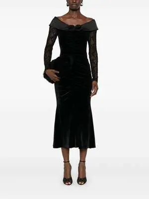 NISSA Floral-appliqué Velvet Midi Dress