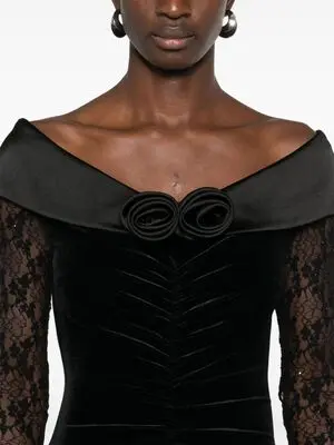 NISSA Floral-appliqué Velvet Midi Dress
