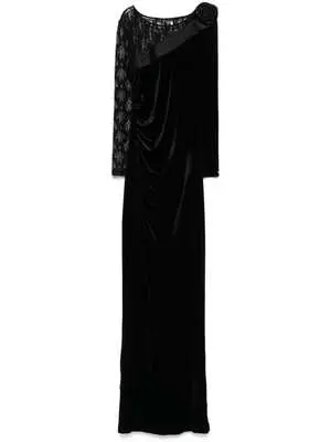 NISSA Lace-insert Velvet Maxi Dress - Black