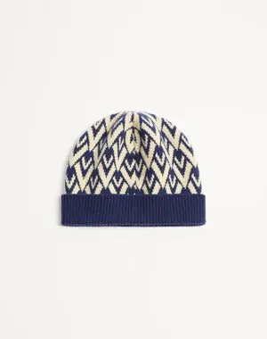 Valentino Garavani Toute La V Knitted Beanie - Navy/cream