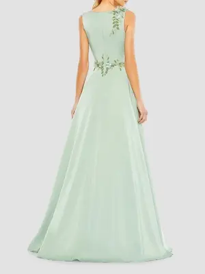 Mac Duggal Floral Appliqué Crêpe A-line Gown - Sage