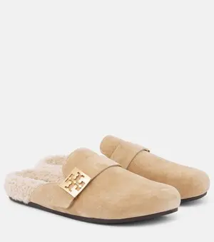 Tory Burch Tory Burch Mellow Shearling-Lined Suede Mules Beige