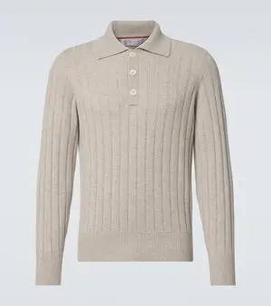 Brunello Cucinelli Ribbed Knit Cashmere Polo Sweater