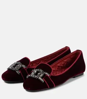 TOD'S Kate Embellished Velvet Ballet Flats - Burgundy