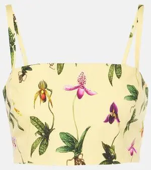 Oscar De La Renta Floral Cotton-blend Poplin Crop Top - Yellow