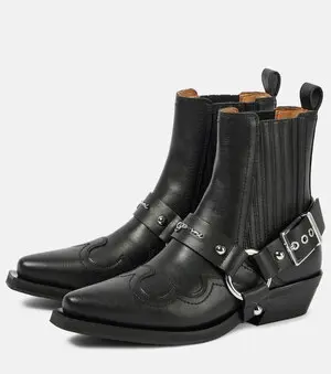 GANNI Embroidered Faux Leather Cowboy Boots - Black