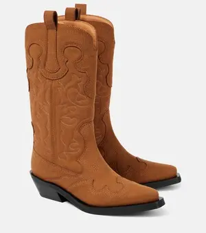 GANNI Embroidered Faux Leather Cowboy Boots - Brown