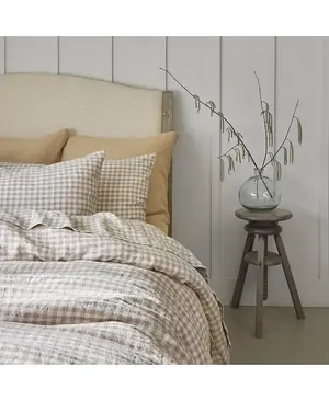 PIGLET IN BED Gingham Linen Fitted Sheet Mushroom Gingham