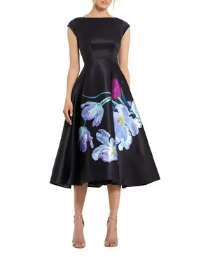 Mac Duggal Satin Midi Dress With Floral Print And Cap Sleeves - Black Multi