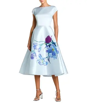Mac Duggal Satin Midi Dress With Floral Print And Cap Sleeves - Periwinkle Multi