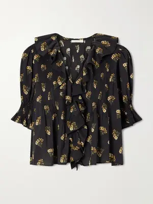DÔEN Henri Ruffled Pintucked Floral-print Top - Black
